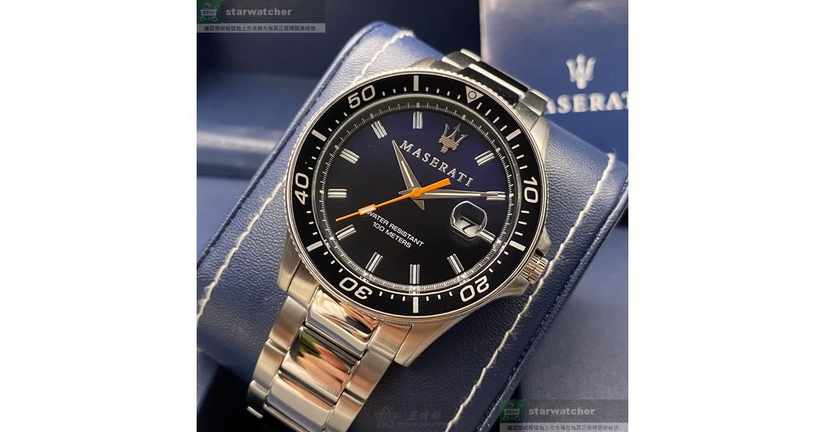 MASERATI瑪莎拉蒂男錶,編號R8853140001,44mm黑, 銀錶殼,銀色錶帶款_星晴錶精品[實體通路商][星晴錶業國際有限公司]