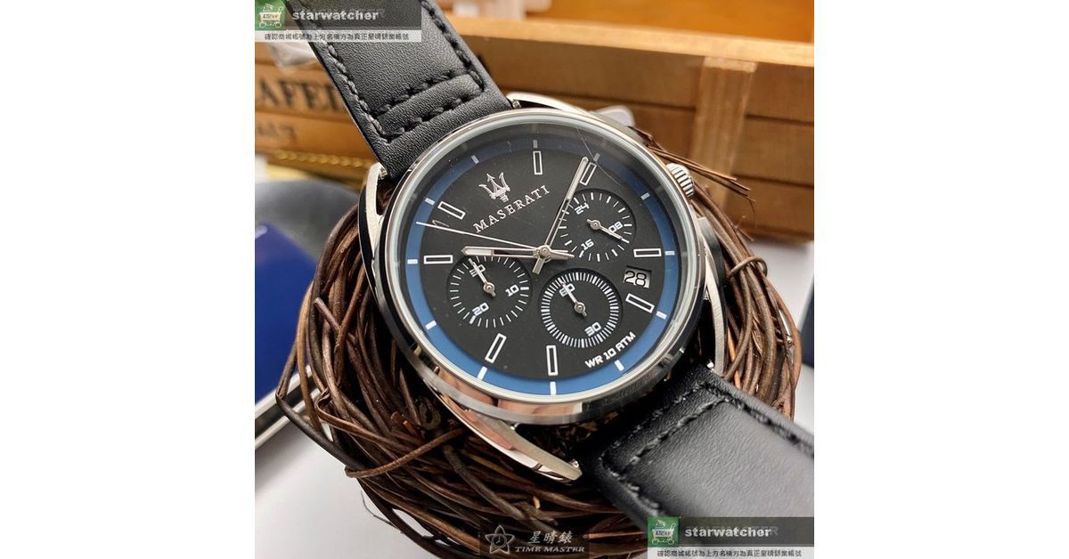 MASERATI手錶,編號R8871632001,42mm銀圓形精鋼錶殼,黑色三眼, 運動錶面,深黑色真皮皮革錶帶款_星晴錶精品[實體通路商 ...